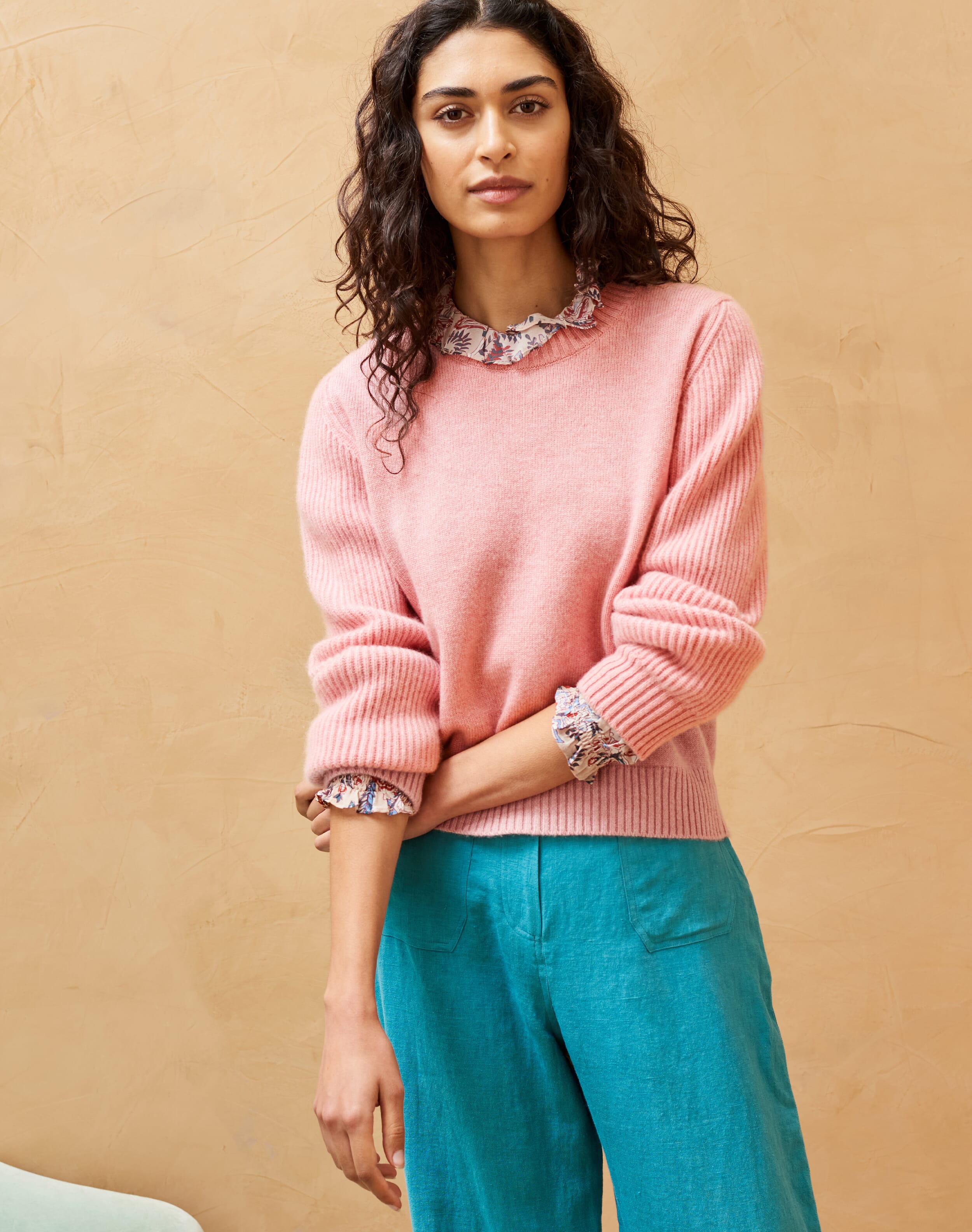 Scottish Cashmere Rib Sleeve Jumper in Shell | Knitwear | Brora