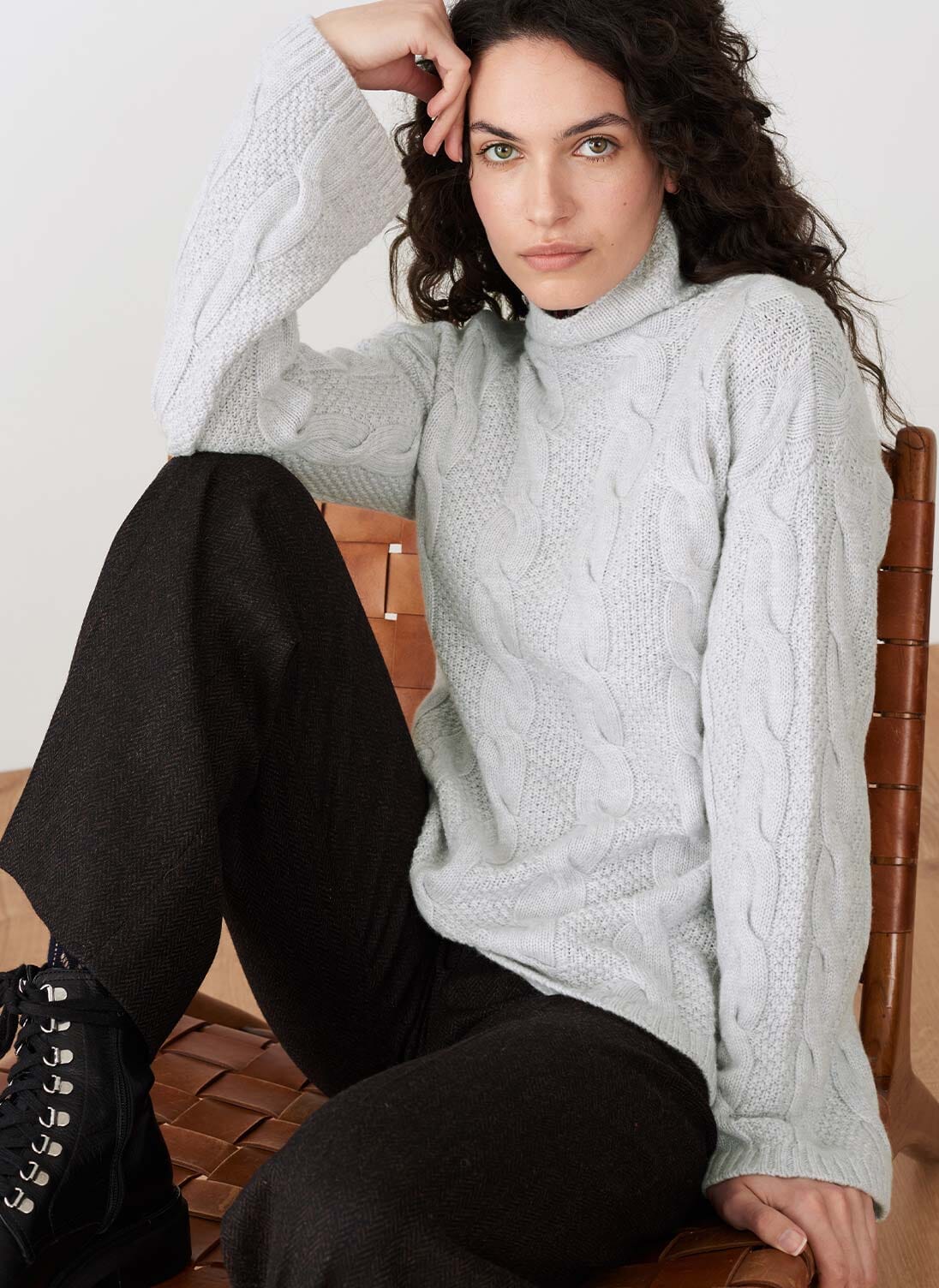 Pearl Cashmere Cable & Moss Stitch Funnel Neck | Knitwear | Brora