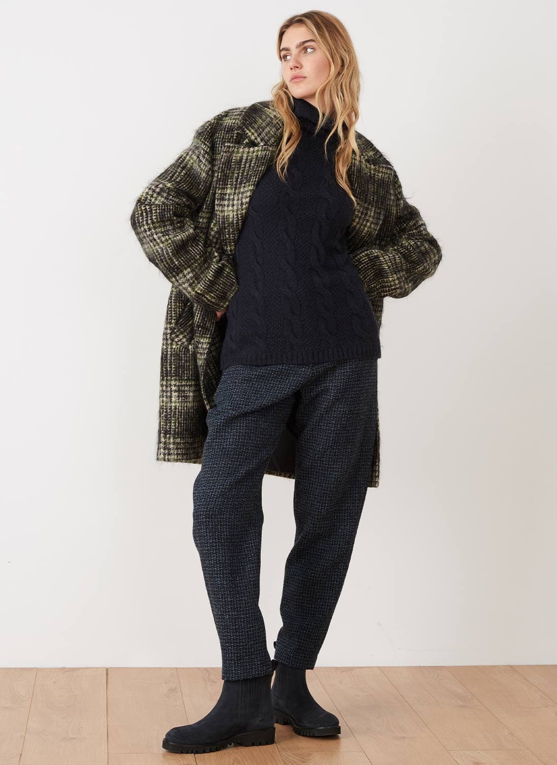 Midnight Cashmere Cable & Moss Stitch Funnel Neck | Knitwear | Brora