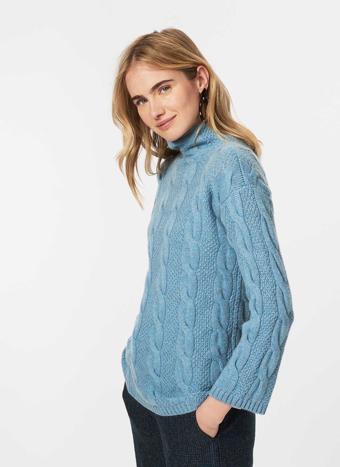 Mist Cashmere Cable Funnel Neck | Brora